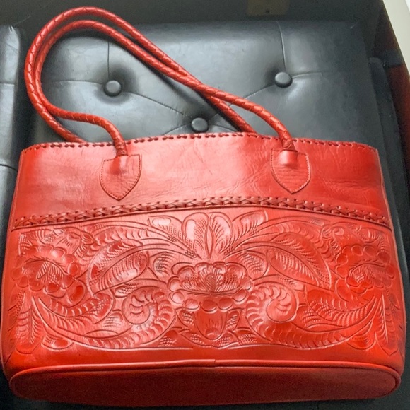 Bags | Embossed Handtooled Red Leather Handbag | Poshmark